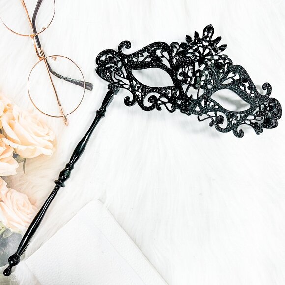 Handmade | Accessories | Masquerade Mask With Stick Black Crystal Mask ...